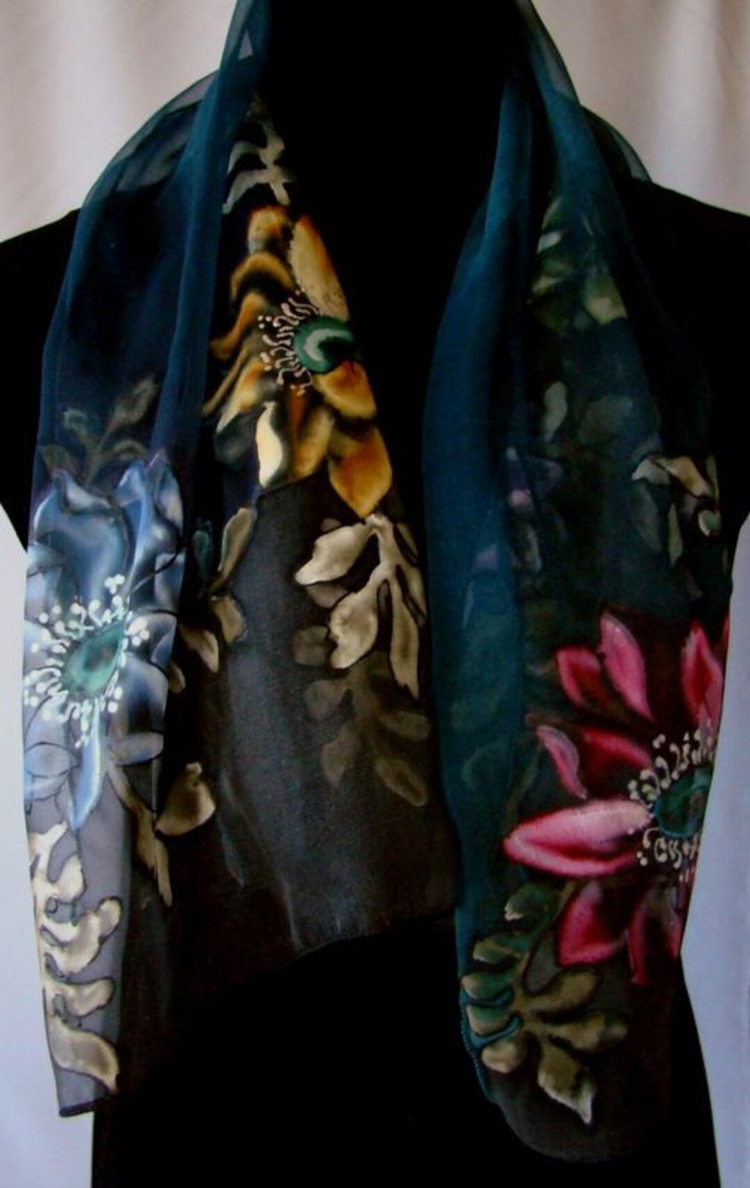 Scarf.natural Silk Scarf - Floral,ganzania Flower ,emerald a Hand ...