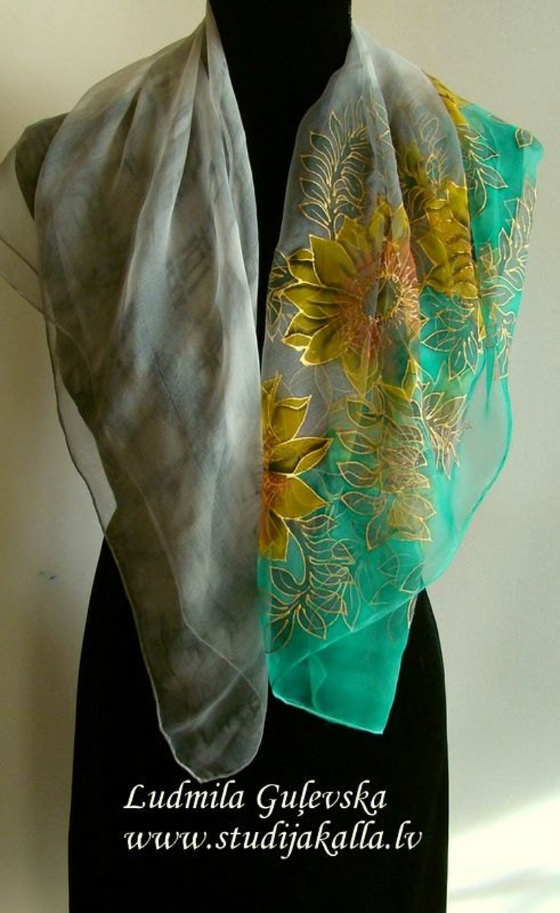 Shawl.natural Silk Hand Painted Shawl, Grey - Springgreen Floral Shawl ...
