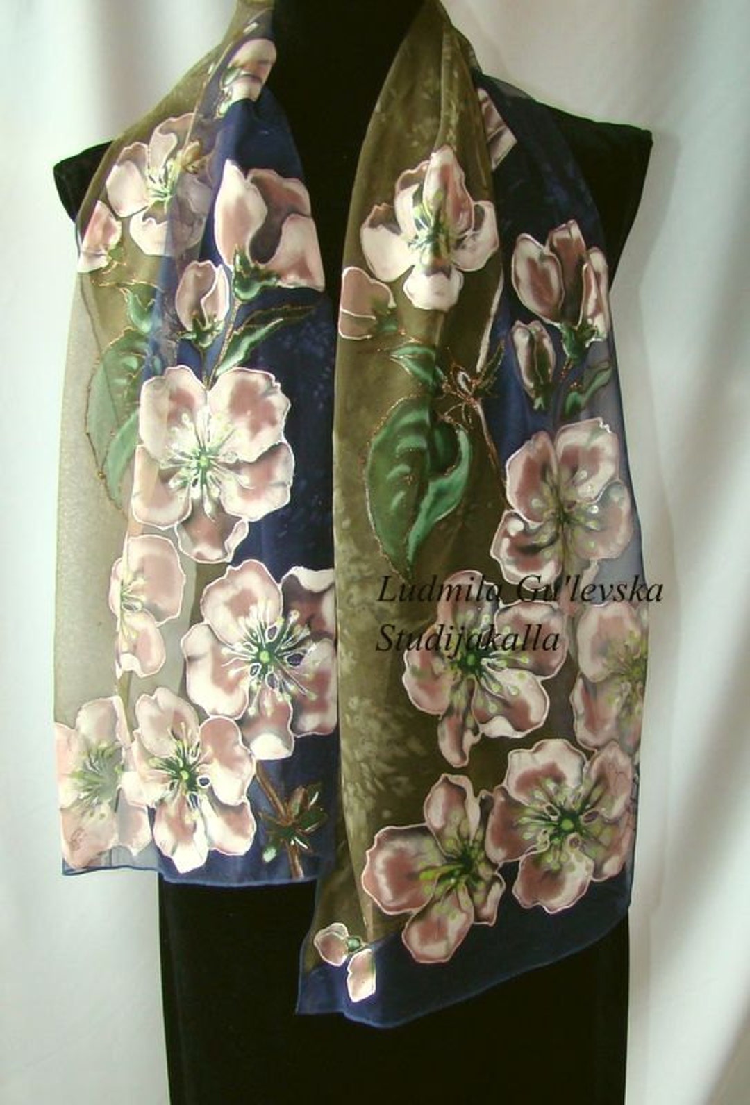Scarf. Natural Silk Scarf- Floral,cherry Blossoms, Blue -khaki,a Hand ...