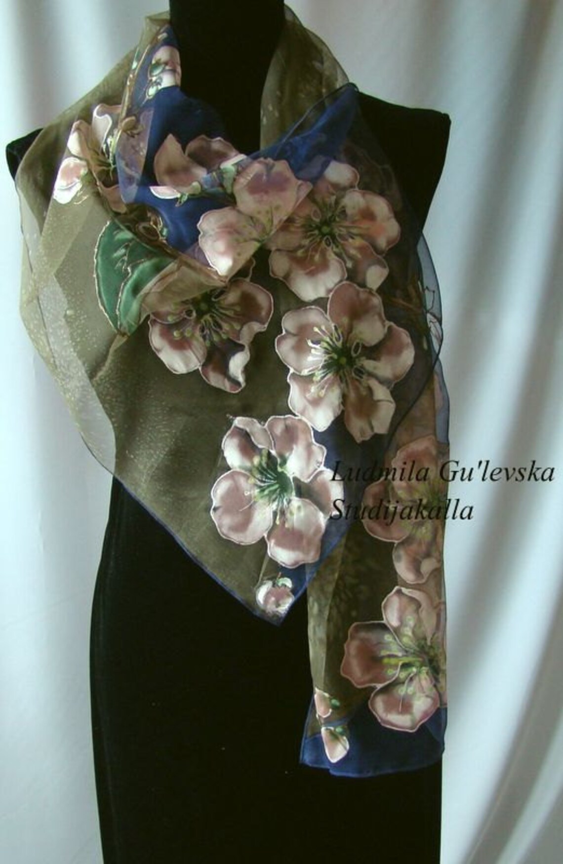 Scarf. Natural Silk Scarf Floral,cherry Blossoms, Blue khaki,a Hand ...