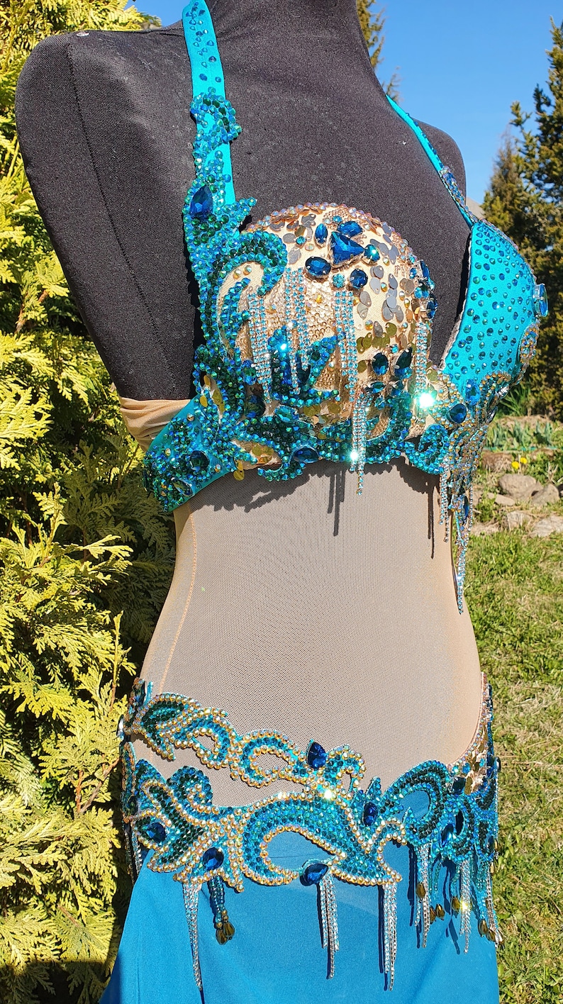 Belly Dance Costume Teal Golden Emerald Professional Belly Dance