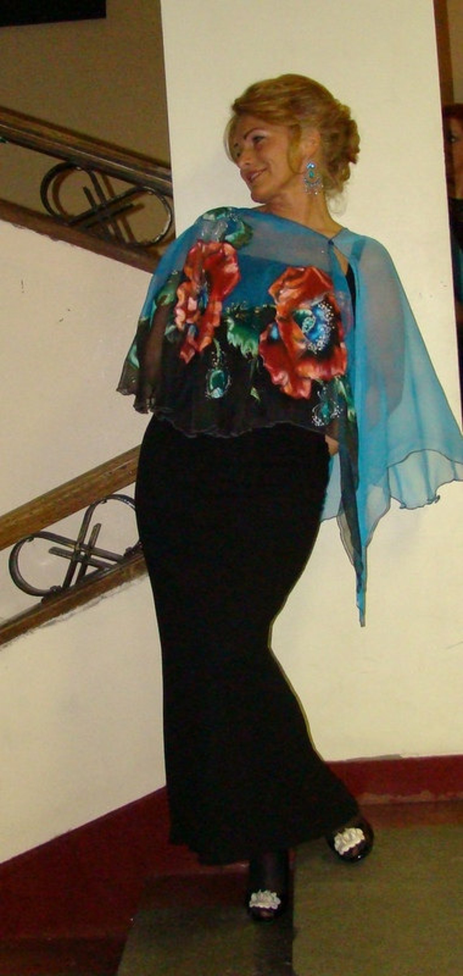 Poncho.natural Silk Double Poncho - Wrap, Ocean Blue Floral Hand ...