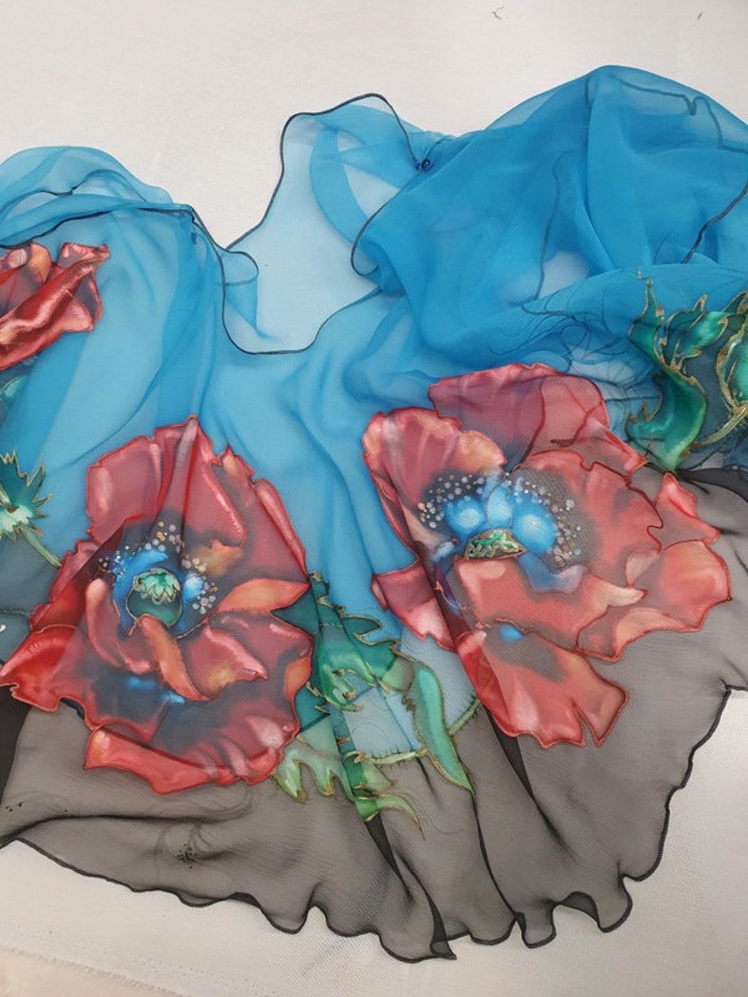 Poncho.natural Silk Double Poncho - Wrap, Ocean Blue Floral,a Hand ...