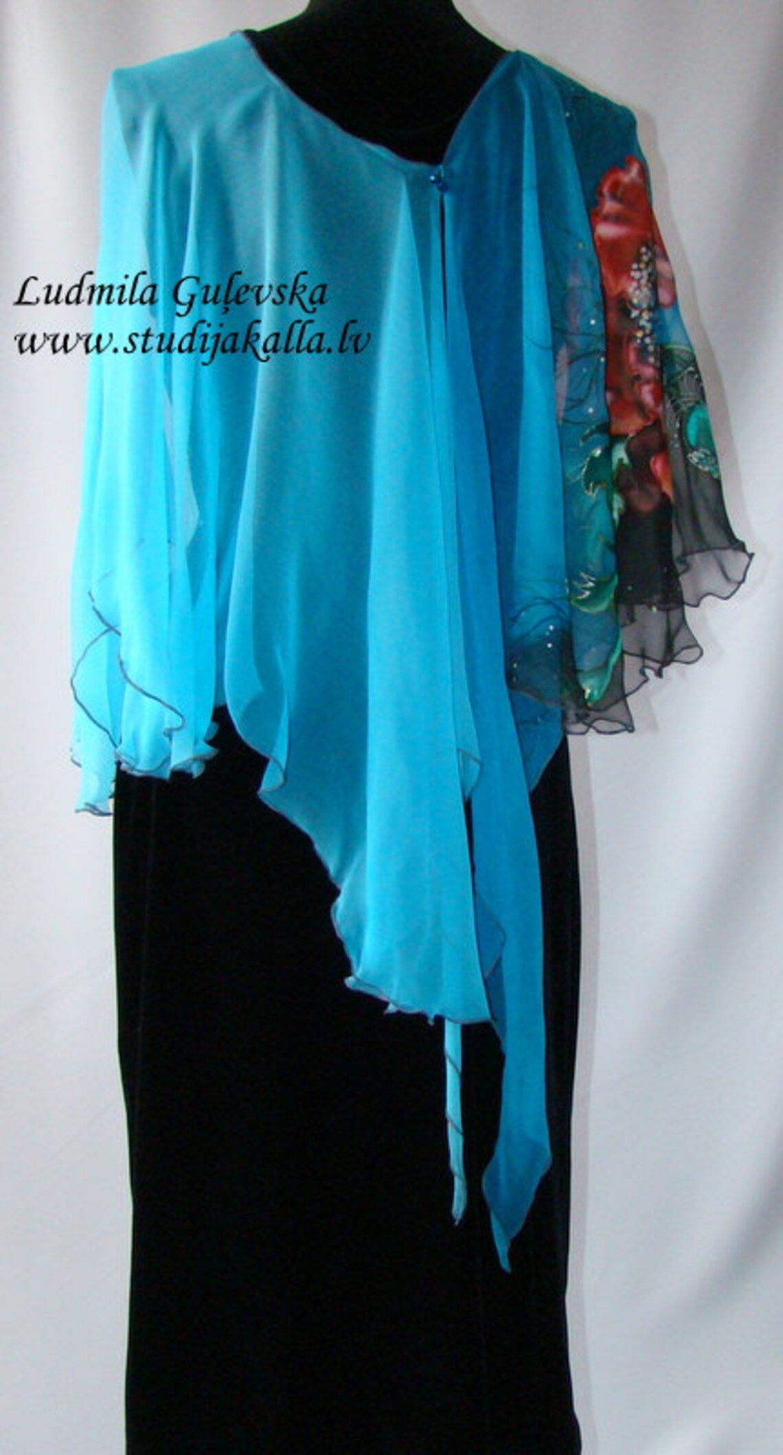 Poncho.natural Silk Double Poncho - Wrap, Ocean Blue Floral Hand ...