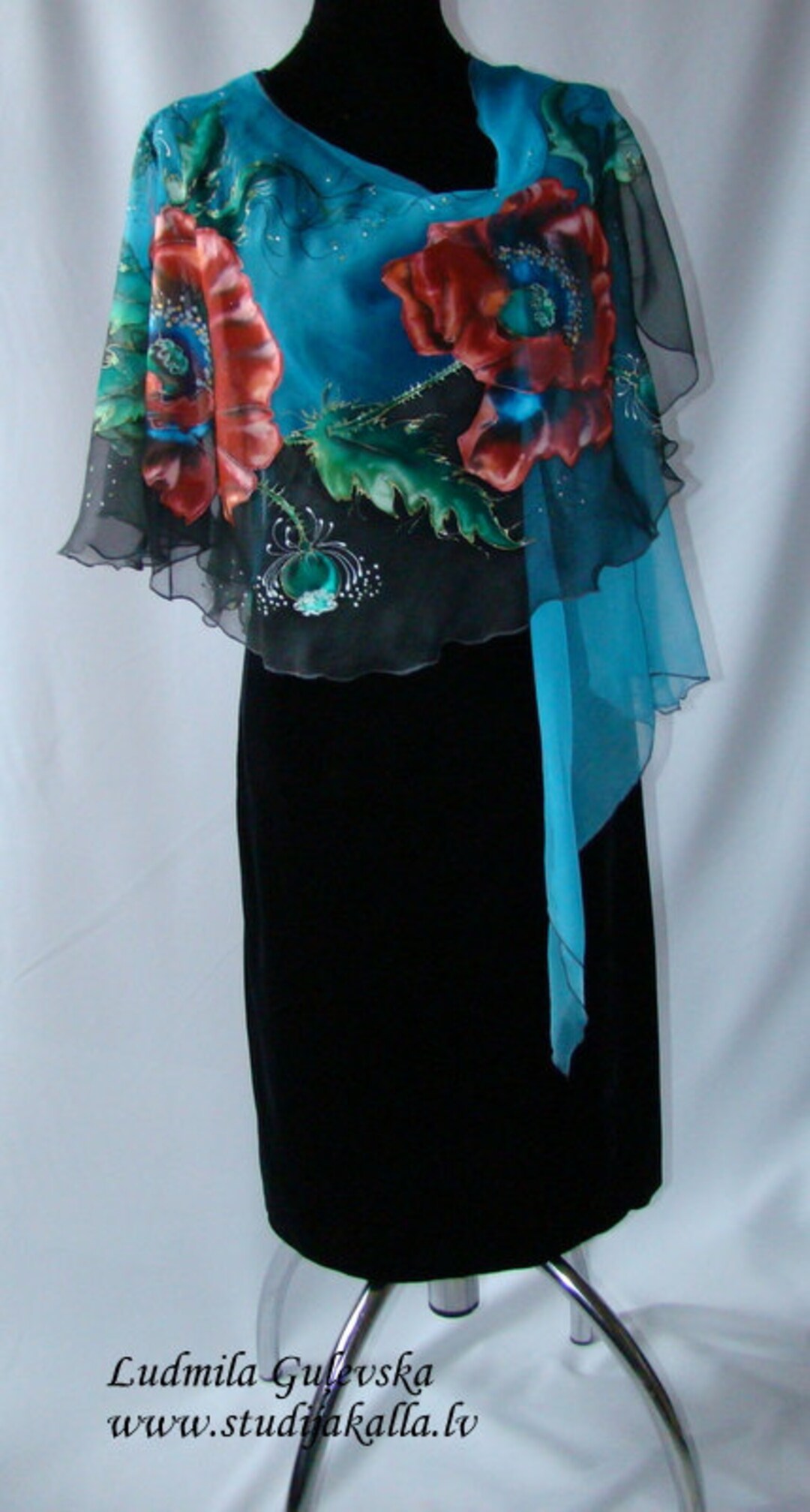 Poncho.natural Silk Double Poncho - Wrap, Ocean Blue Floral Hand ...