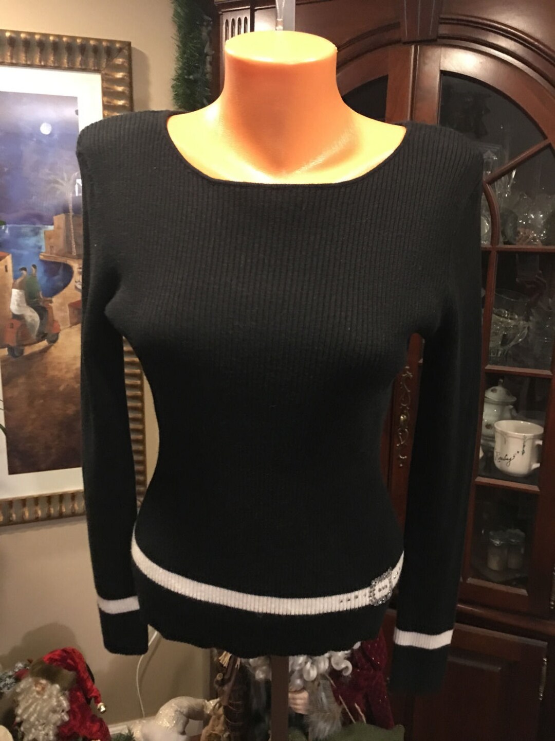 Forenza Black Sweater, White Trim, With Rhinestone Detail, Size M - Etsy