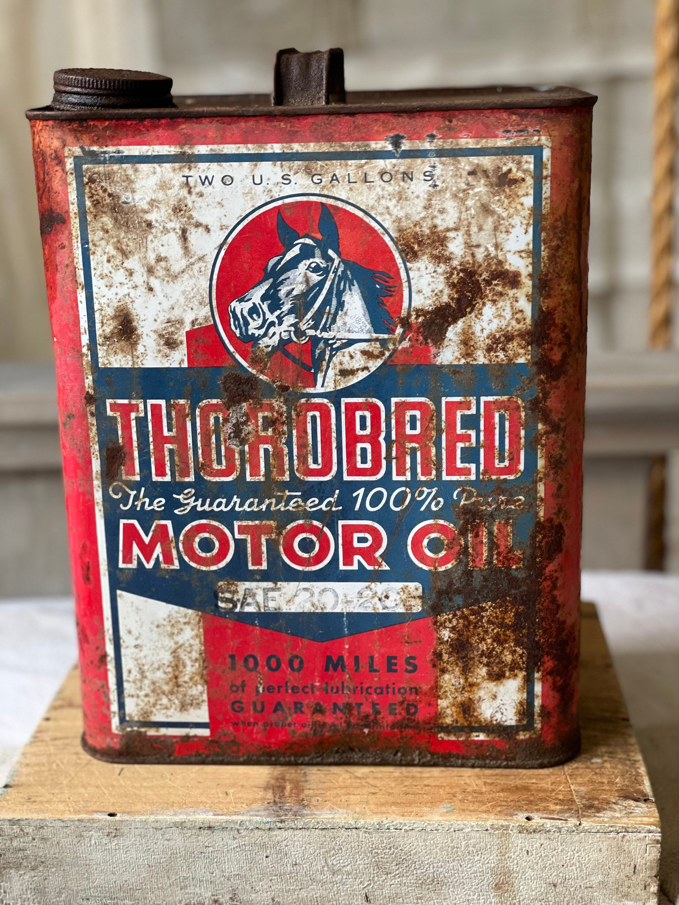 Vintage Thorobred Motor Oil Tin Can/ 2 Gallon/ horse/ red and blue/ old ...