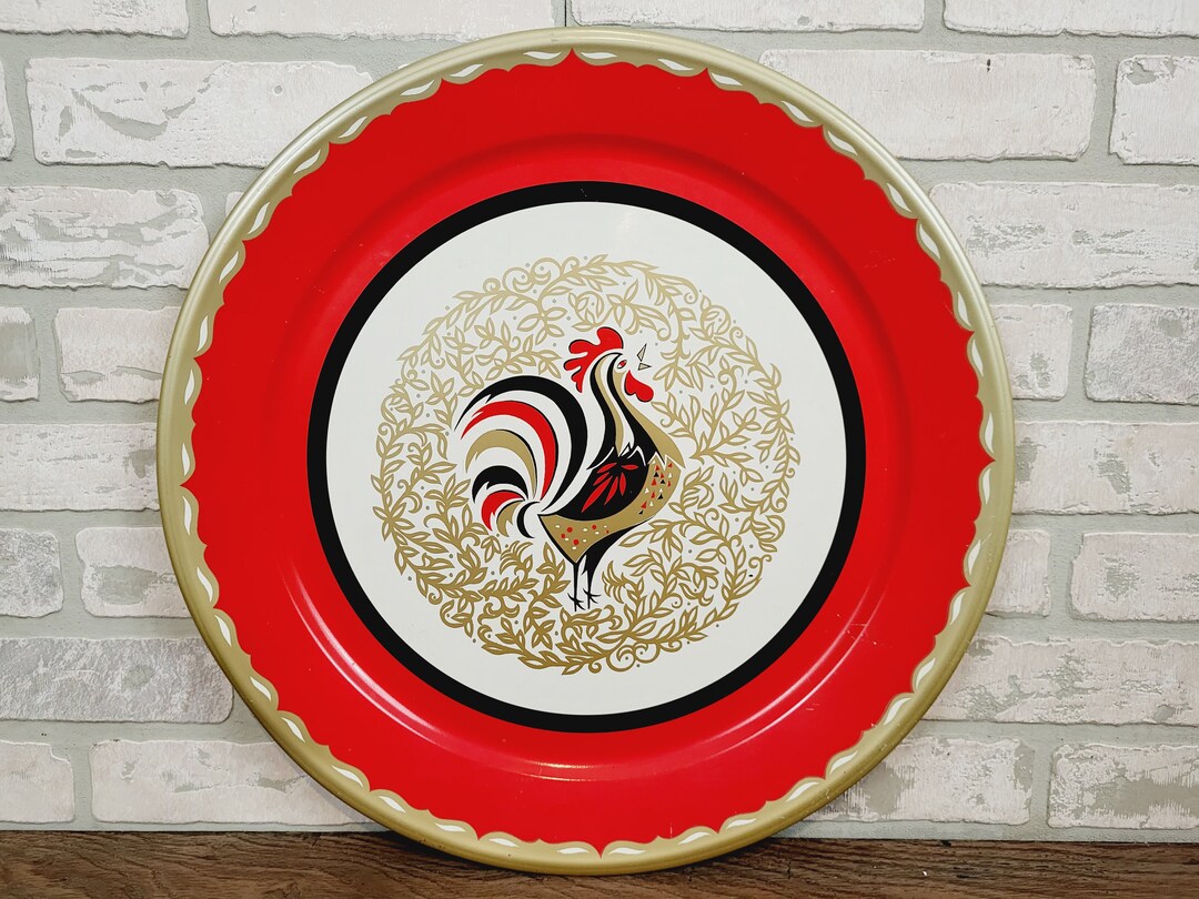 Vintage Round Rooster Chicken BBQ Serving Tray 19.25" - Etsy