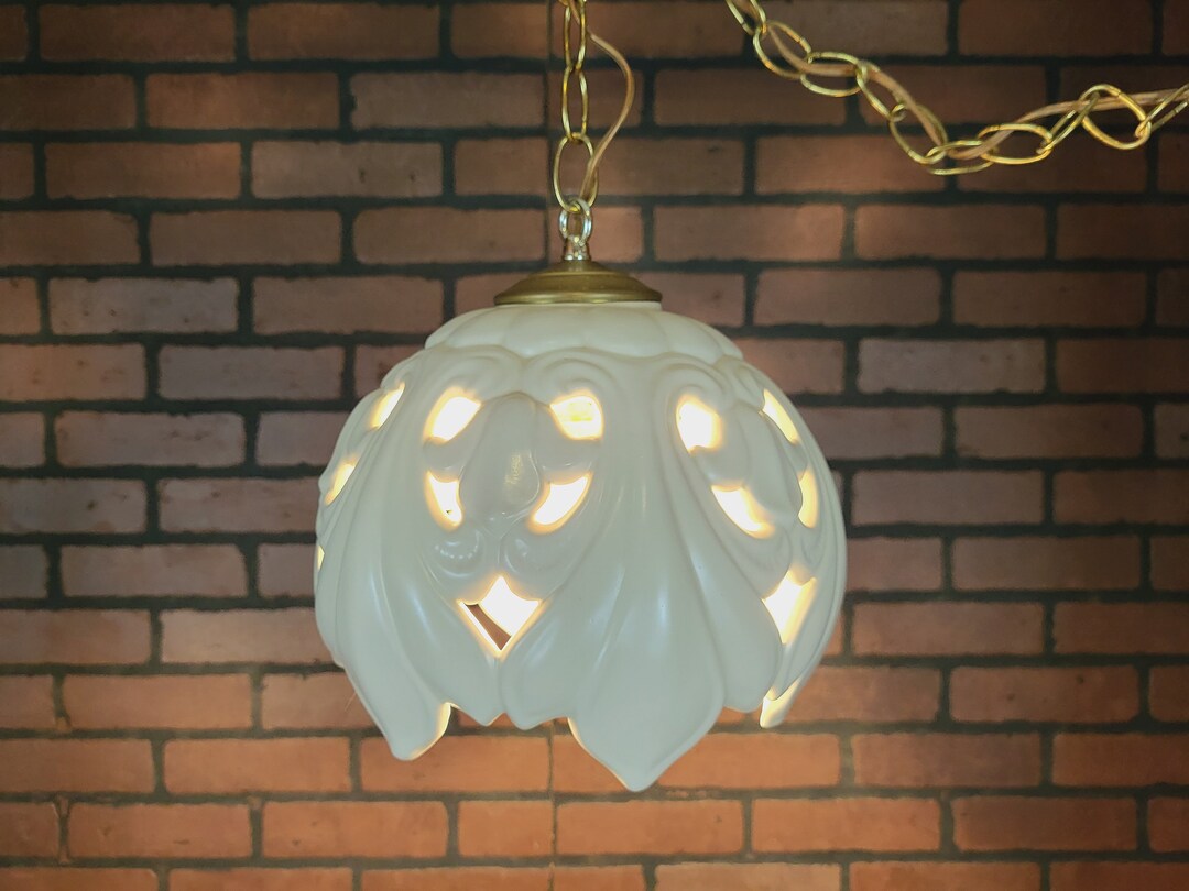 Mid Century Cut Out/lace Look White Ceramic Chain Hanging Swag Lamp - Etsy
