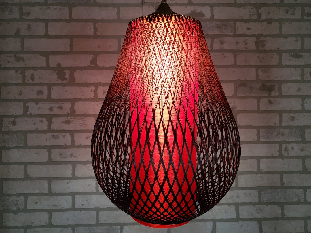 MCM Mid Century Modern Red Lucite Black String Chain Hanging Swag Lamp ...