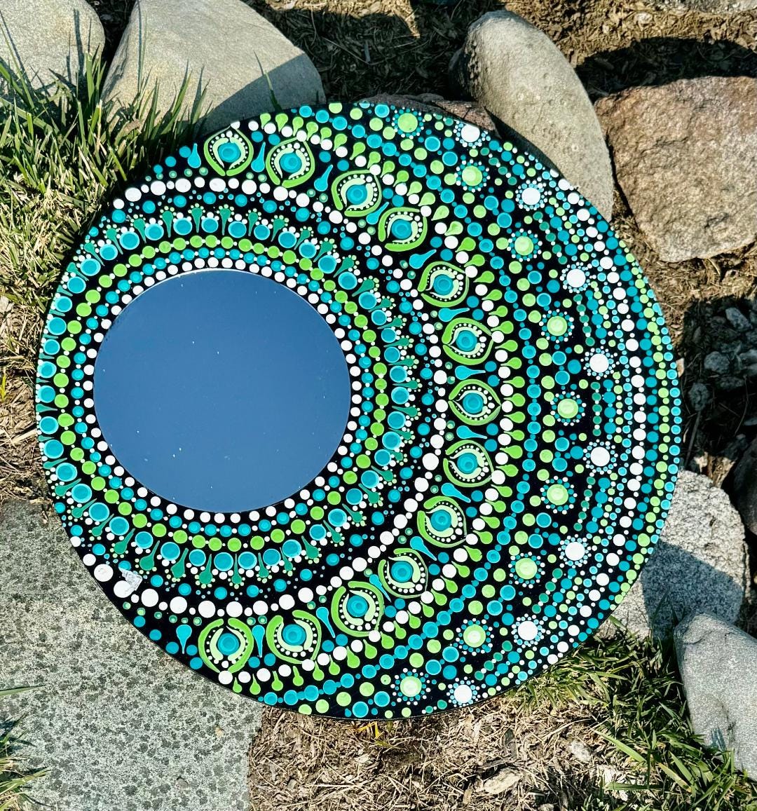 18 Inch Teal and Green Mandala With a 7 Inch Offset Mirror Mandala Art ...