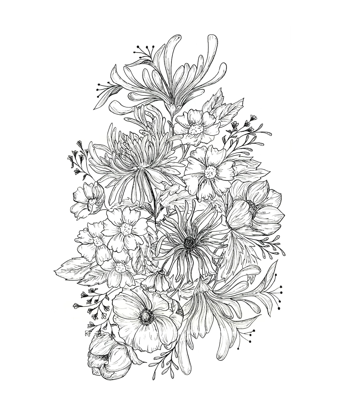 Floral Illustration Pen and Ink Flowers Floral Drawing - Etsy