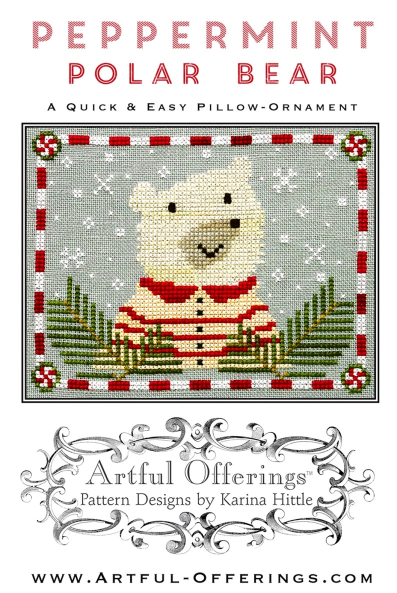 Peppermint Polar Bear counted Cross Stitch Pattern By: - Etsy