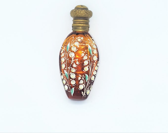 Victorian Perfume Bottle Enameled Lily of the Valley Flower Amber Glass ...