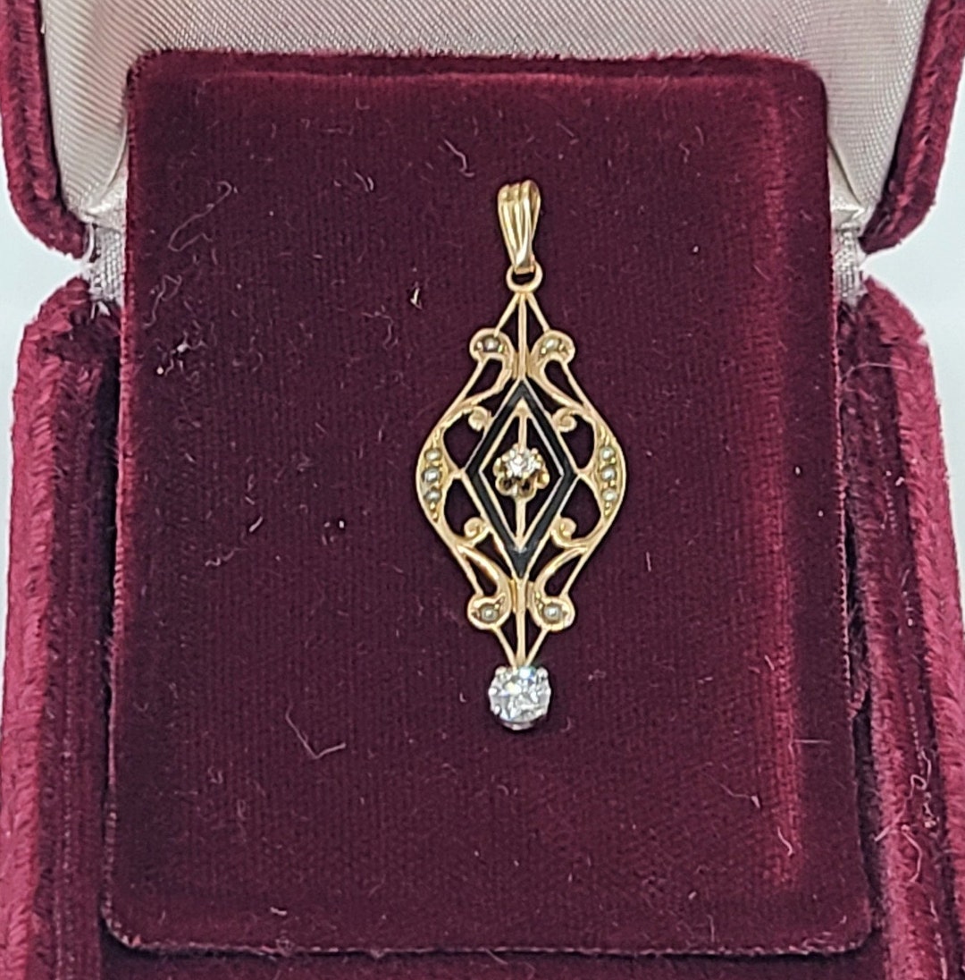 Antique Diamond Lavaliere Pendant .25 Ct. Diamond 10k Gold Pearl Enamel ...