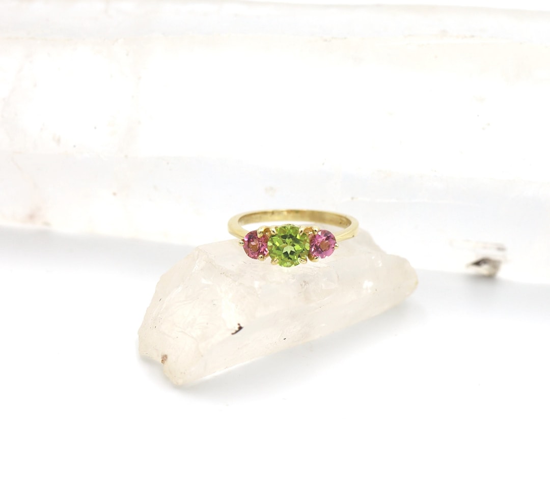 Vibrant Pastel Colors Classic Three Stone Engagement Ring With Peridot ...