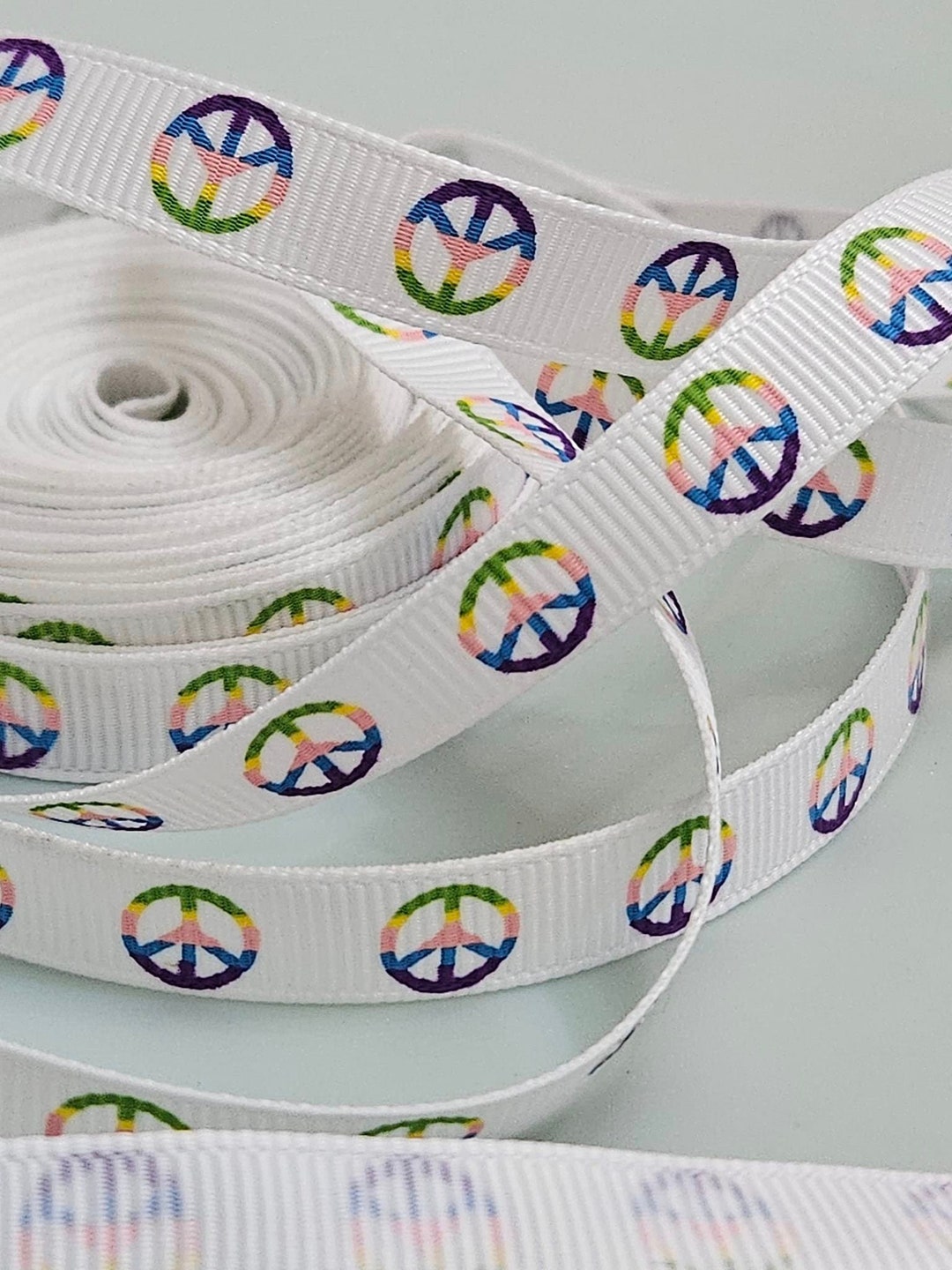 3/8" White Ribbon With Multi Color Peace Signs, Printed Grosgrain ...