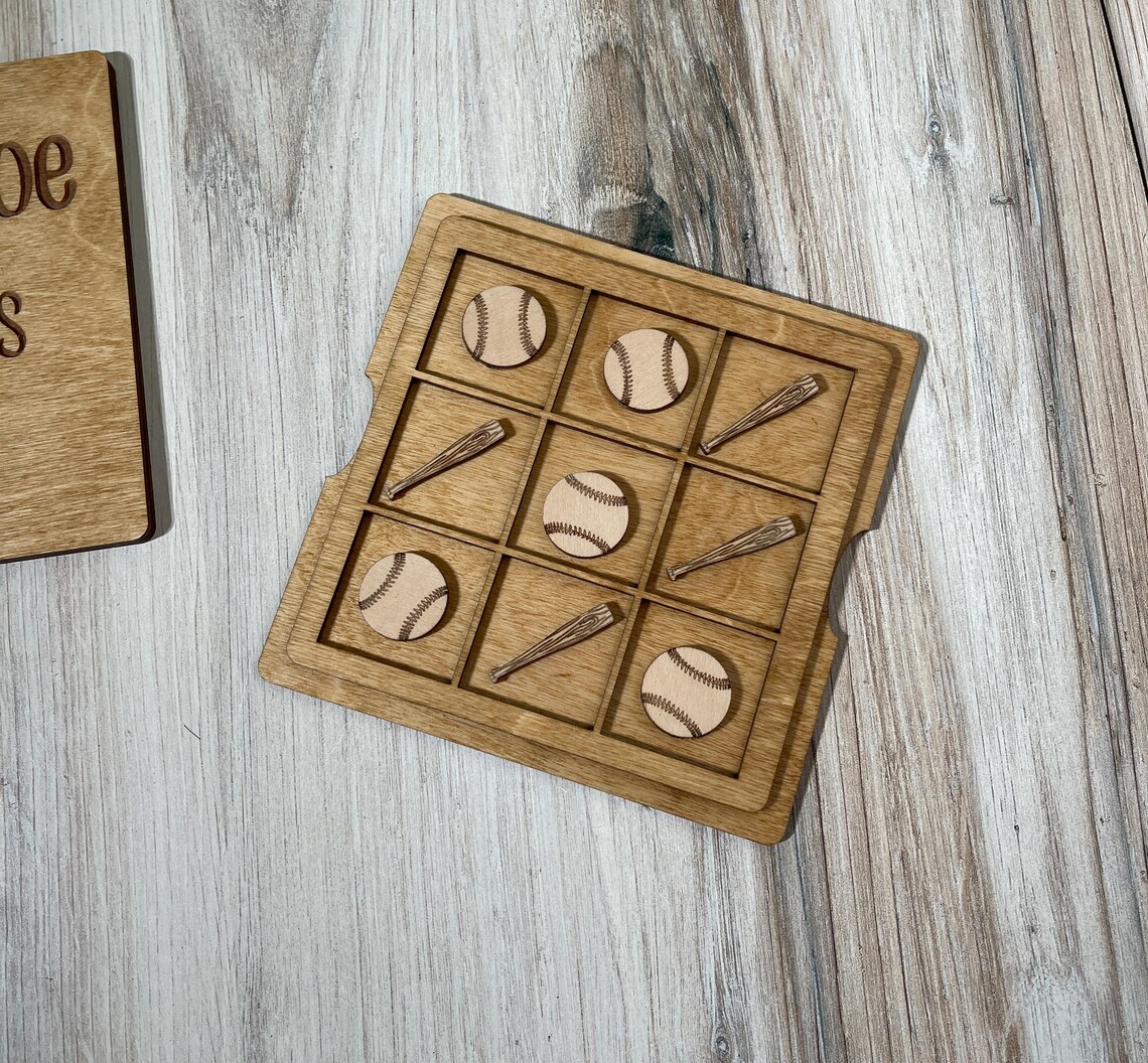 Wooden Tic Tac Toe Game - Bats Vs Balls Baseball Theme, 6" X 6" Laser ...