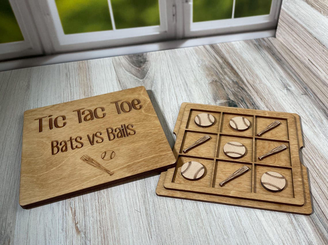 Wooden Tic Tac Toe Game - Bats Vs Balls Baseball Theme, 6" X 6" Laser ...