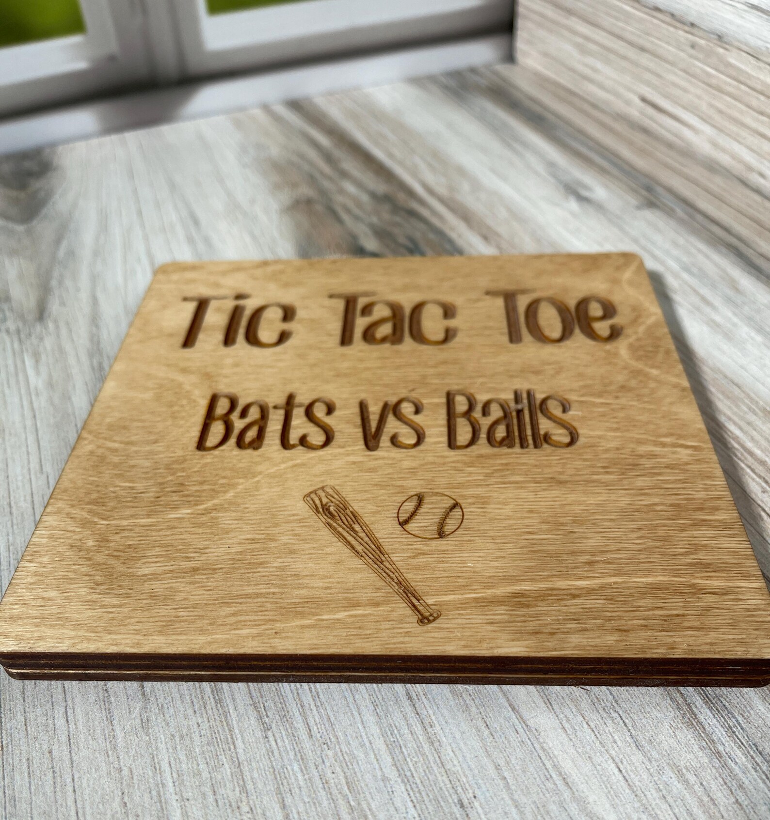 Wooden Tic Tac Toe Game - Bats Vs Balls Baseball Theme, 6" X 6" Laser ...