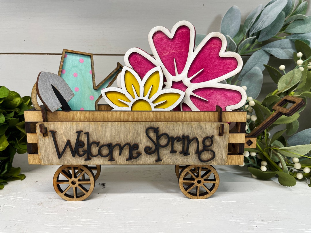 Welcome Spring Interchangeable Shelf Sitter, Spring Flowers, Wood Wagon ...