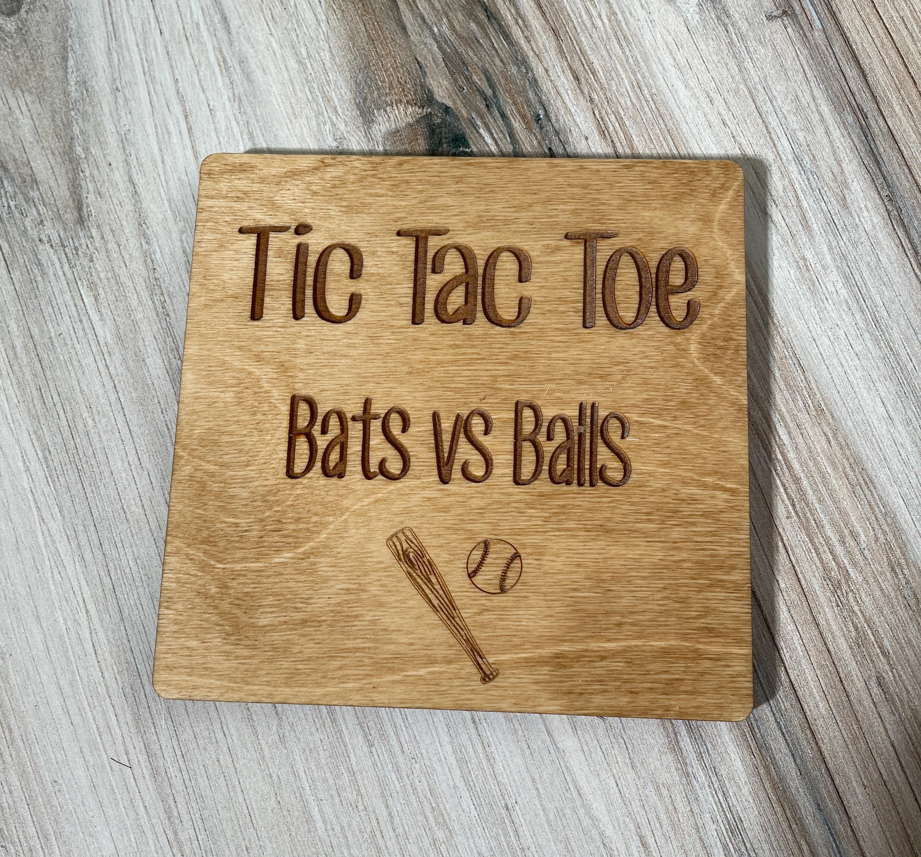 Wooden Tic Tac Toe Game - Bats Vs Balls Baseball Theme, 6" X 6" Laser ...