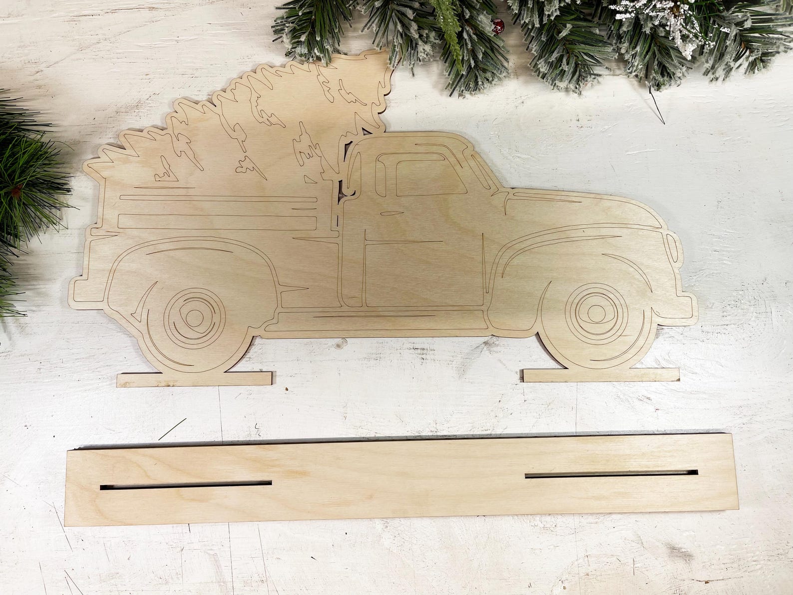 Vintage Pickup Truck With Christmas Tree, Unfinished Standing Christmas ...