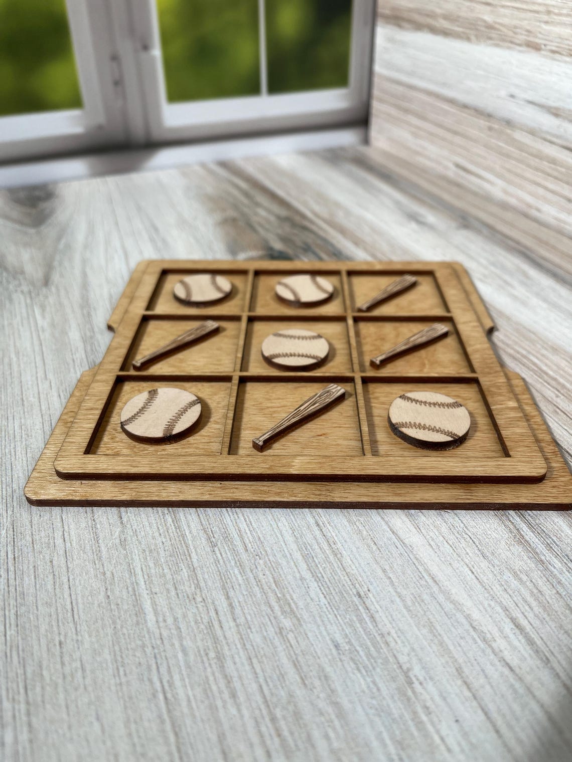 Wooden Tic Tac Toe Game - Bats Vs Balls Baseball Theme, 6" X 6" Laser ...