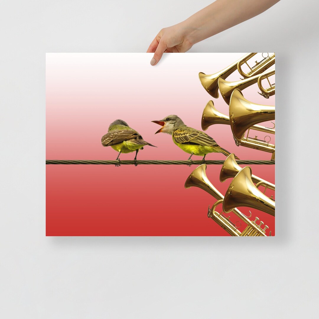 Unique Collage Art Print: "beaking News" - Birds, Trumpets, and Drama ...