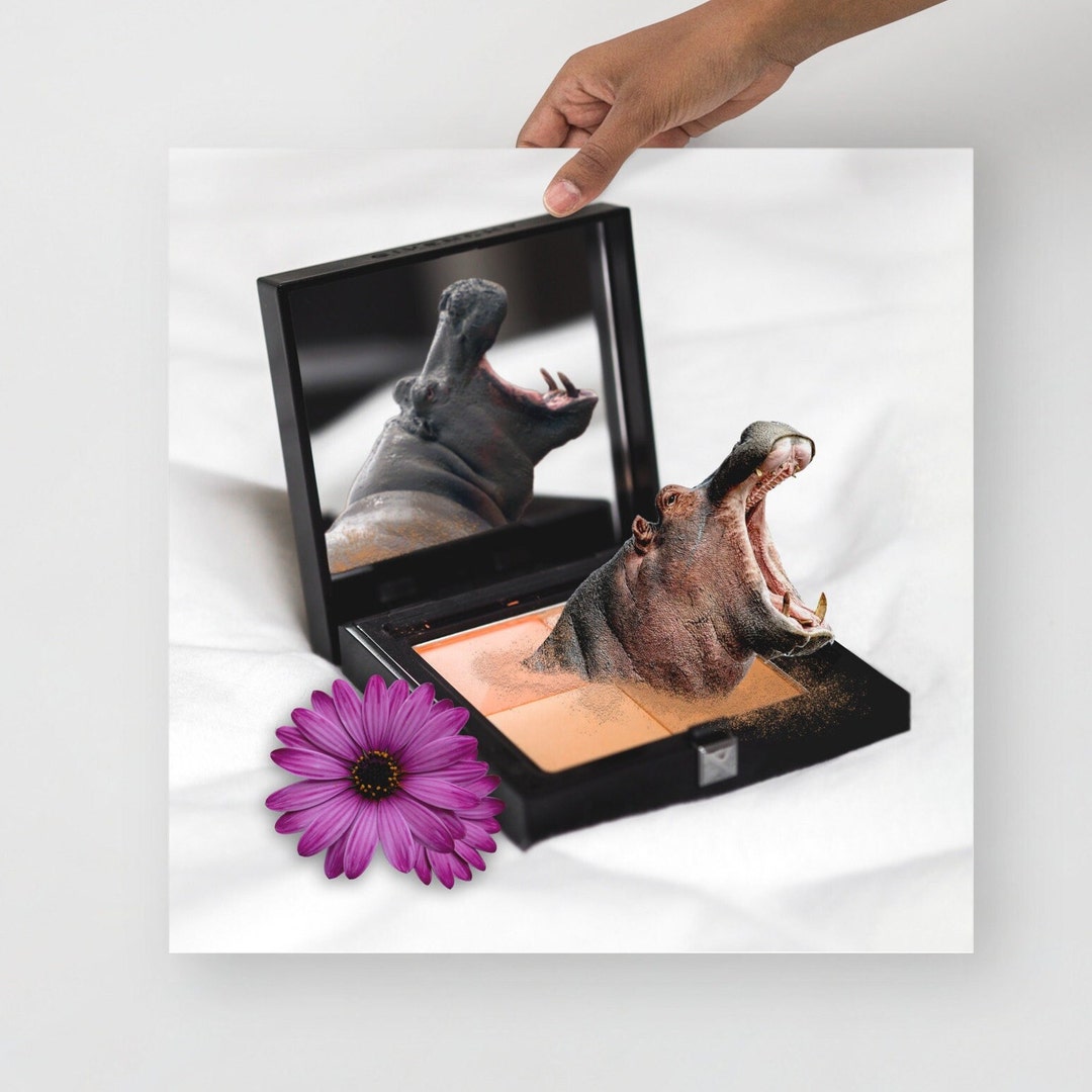 Collage Art Print "hippest Looks" : Playful Hippo Emerging From Makeup ...