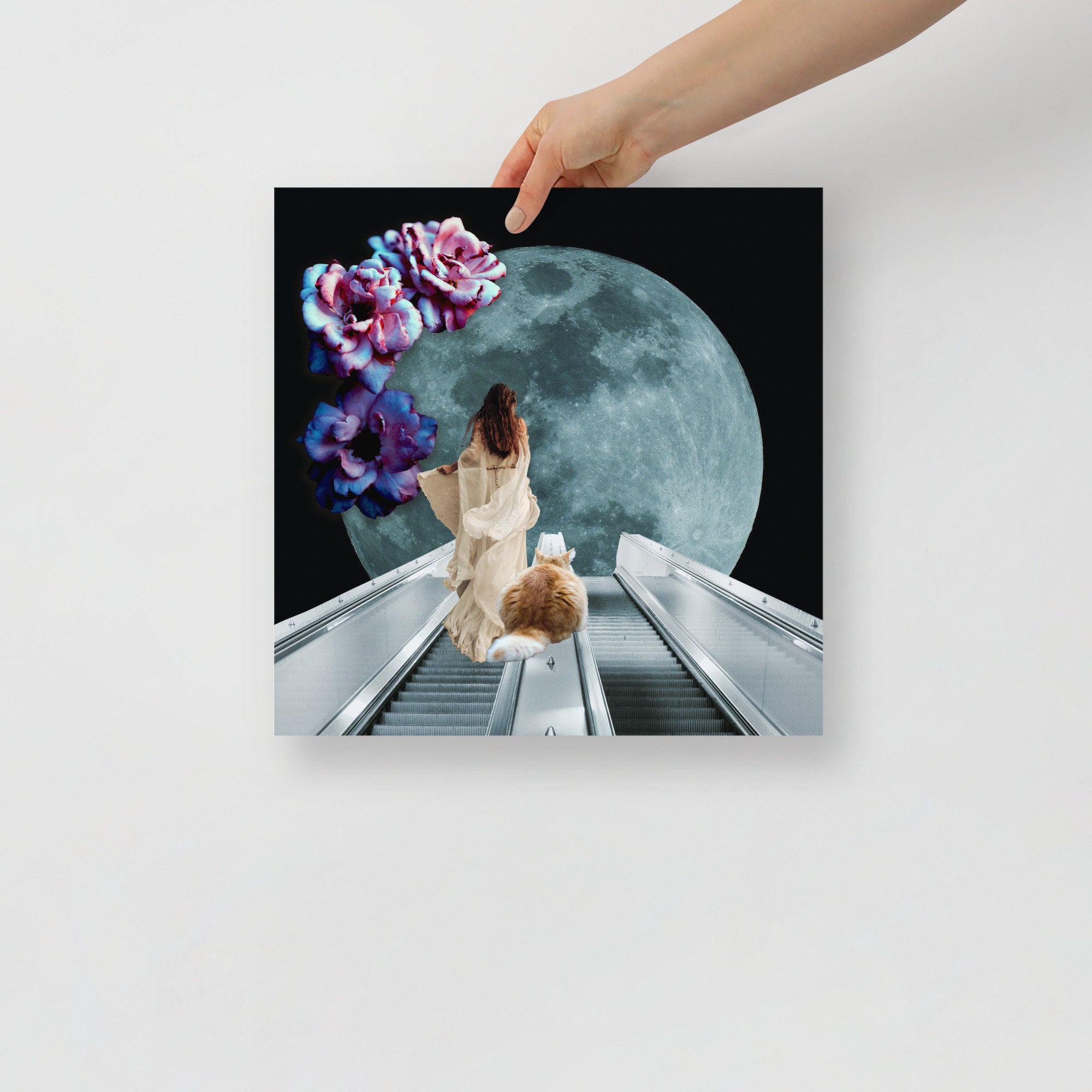 Whimsical Surreal Collage Art Print: Journey to the Moon With Cat and ...