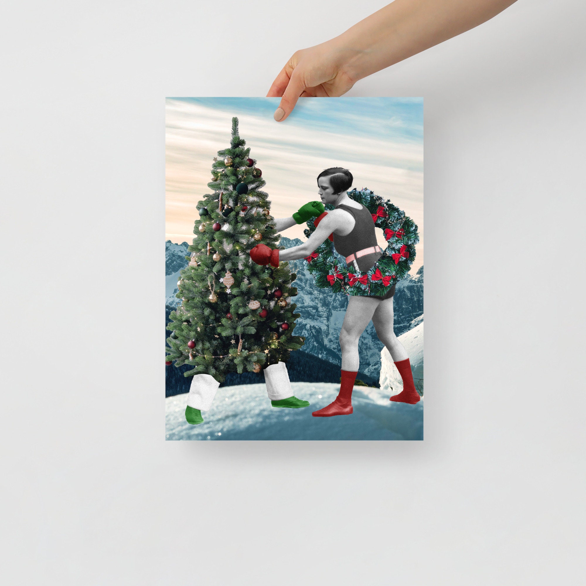 Holiday Knockout: Surreal Collage Art Print of a Boxing Christmas Tree ...