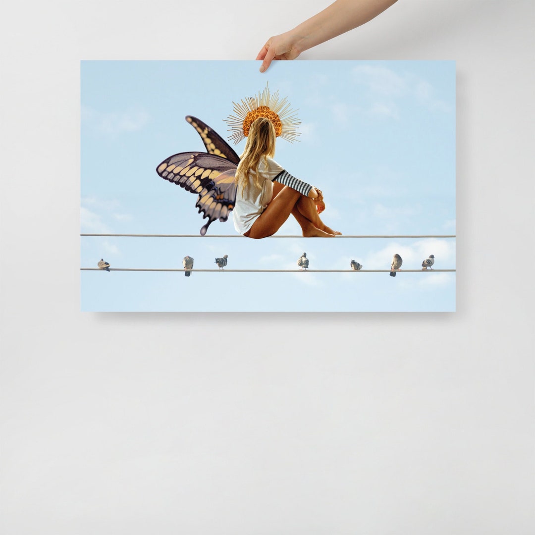 Enchanting Collage Art Print - Fairy With Butterfly Wings and Birds on ...