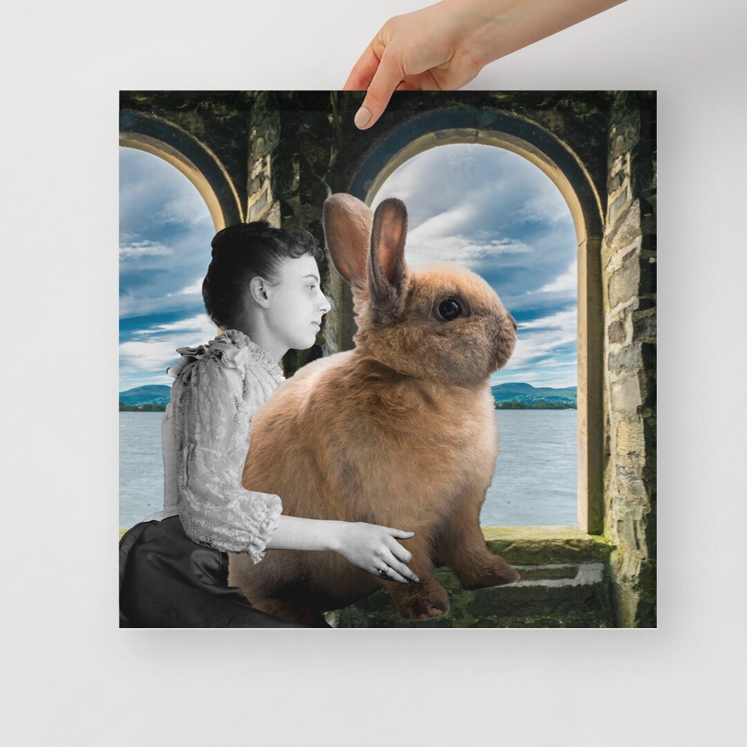 Hare We Are - Surreal Collage Art Print: Enchanting Woman and Rabbit in ...