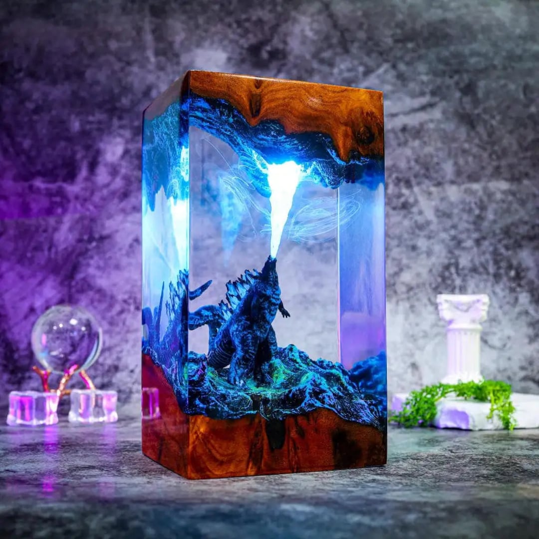 GODZILLA Monster Epoxy Resin Wood Lamp Night Light Unique Her Him Mom ...