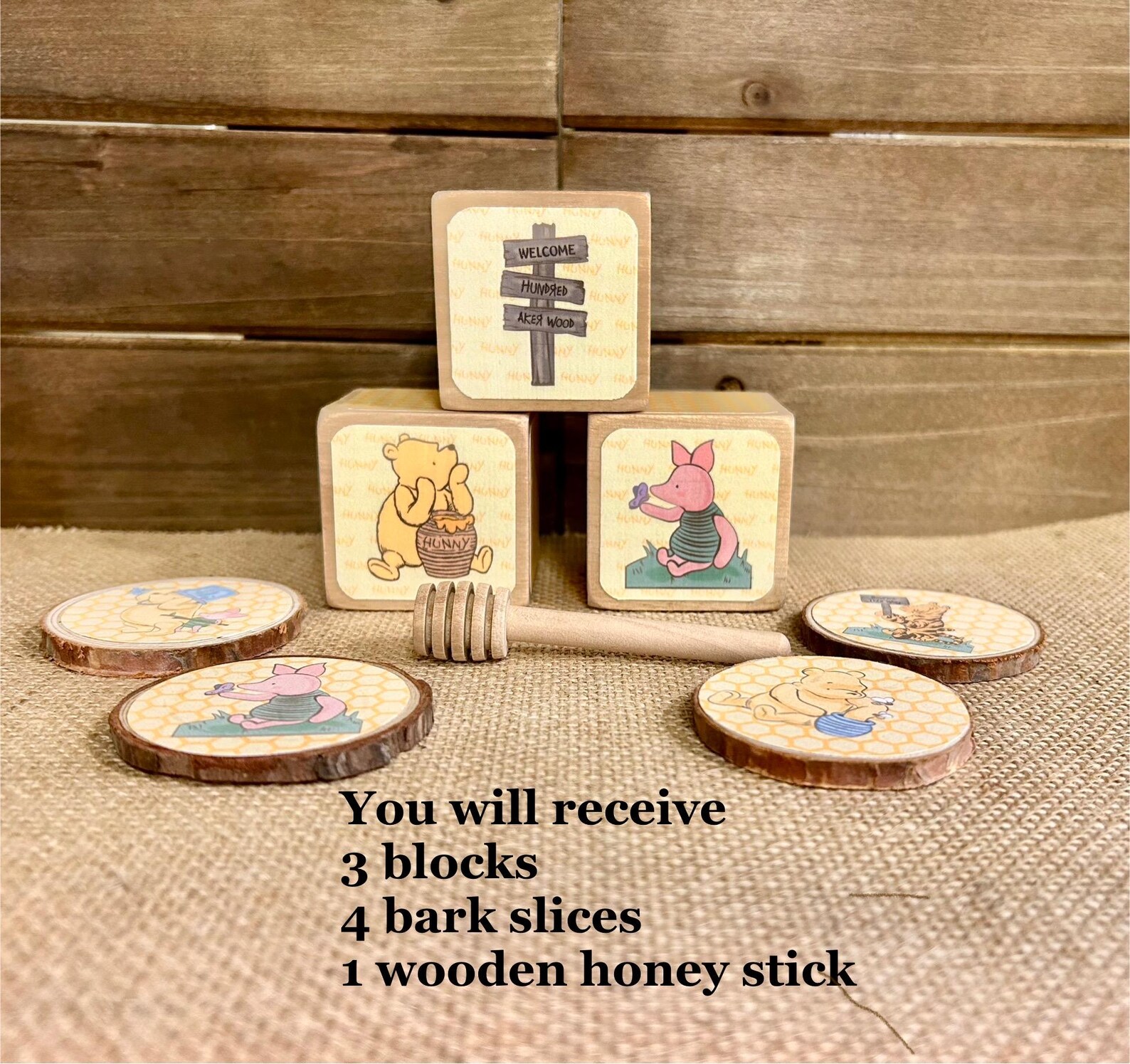 Winnie the Pooh Table Centerpiece Bundle - 3 Blocks, 4 Wooden Bark ...