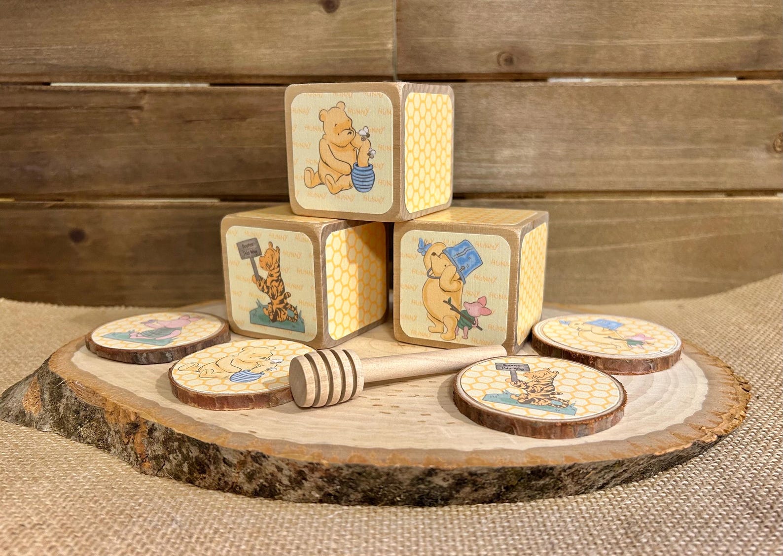 Winnie the Pooh Table Centerpiece Bundle - 3 Blocks, 4 Wooden Bark ...