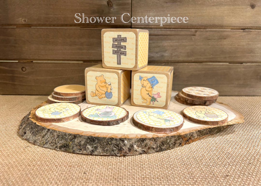 Winnie the Pooh Table Centerpiece Bundle - 3 Blocks & 10 Wooden Bark ...