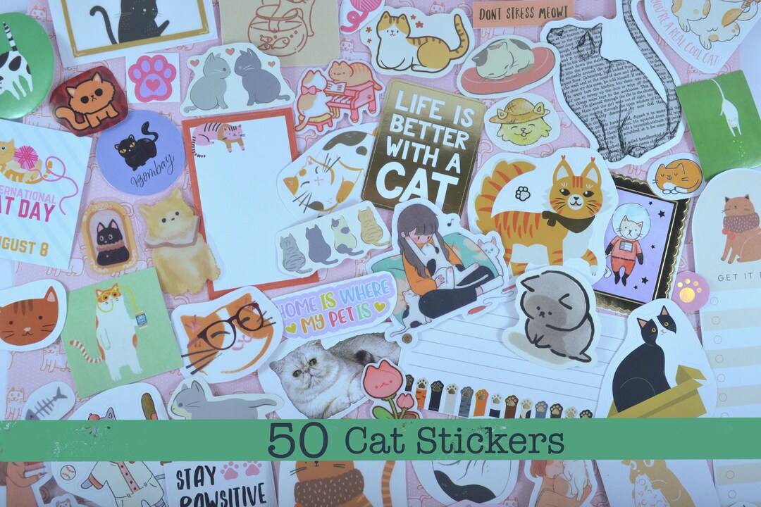 50 Cat Stickers. Assorted Grab Bag Cute Kitten Stickers, Cat Stationery ...