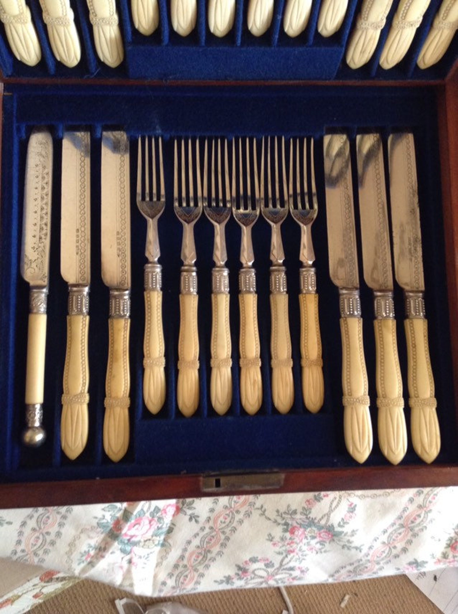 Boxed Set of Antique Victorian English Fruit Knives & Forks Ornate Carved Bone Handles With ...