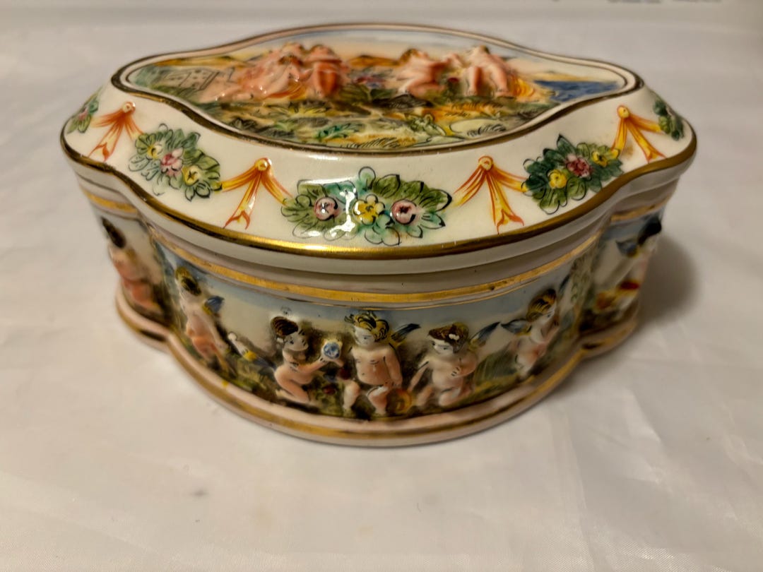 Capodimonte Italian Porcelain Lidded Hand Painted Cherubs Jewelry ...