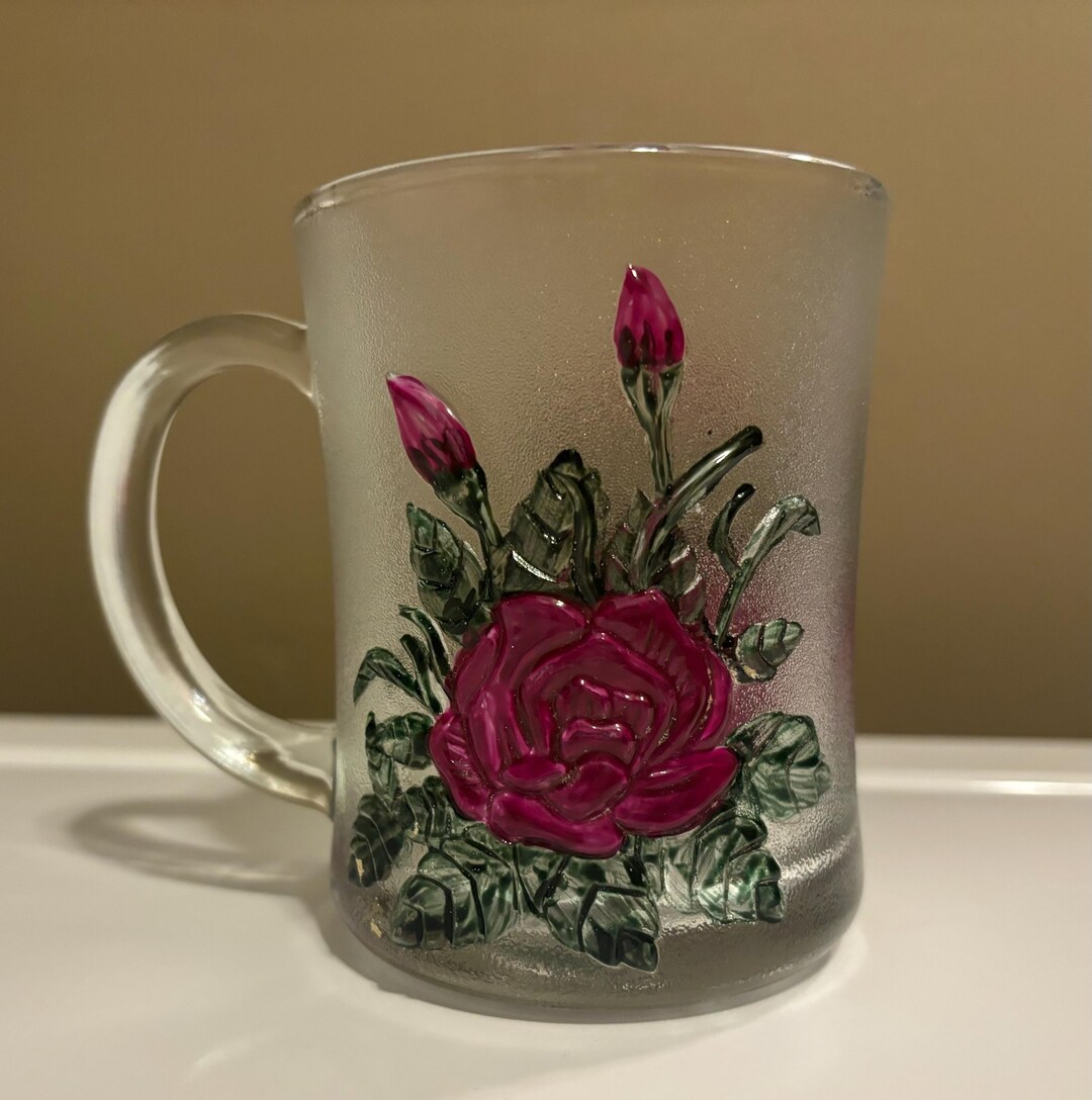 Pasari Frosted Pressed Glass Red Rose Glass Mugs Pair - Etsy