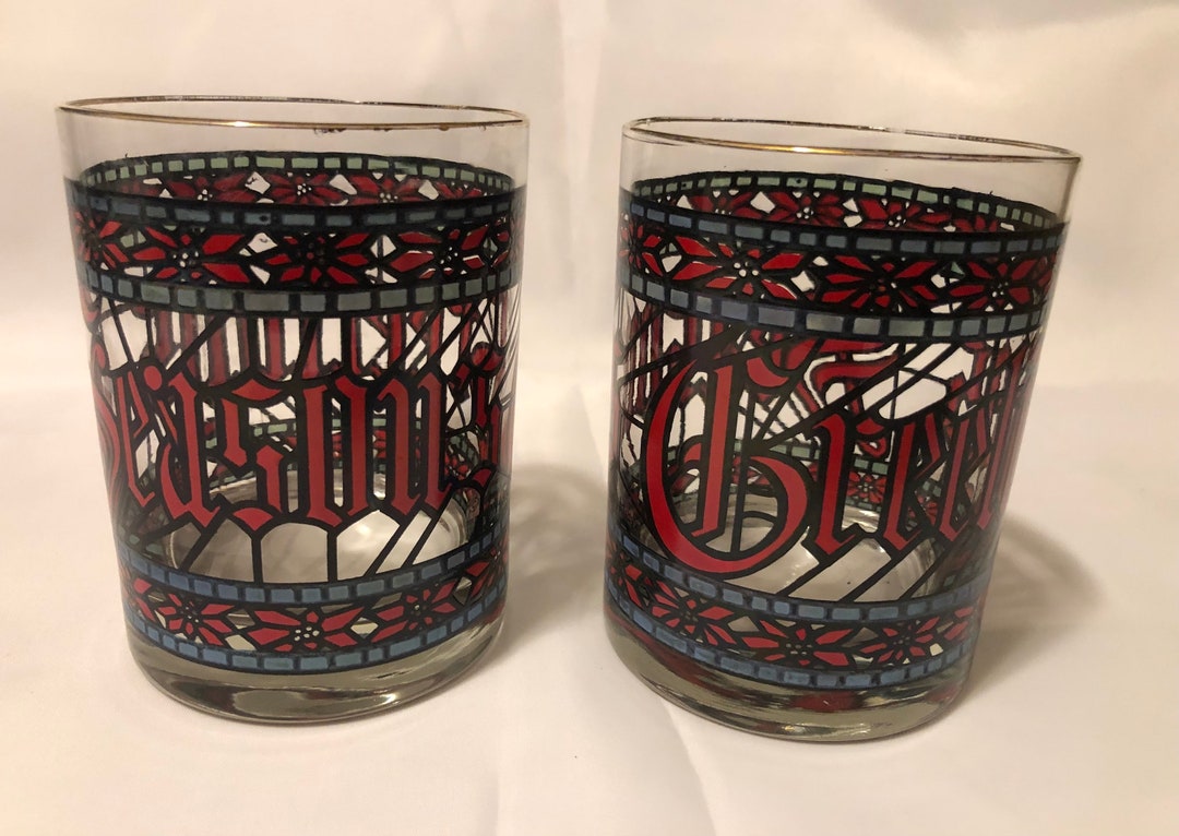Pair of MCM Houze Stained Glass Seasons Greetings Barware Lowball ...