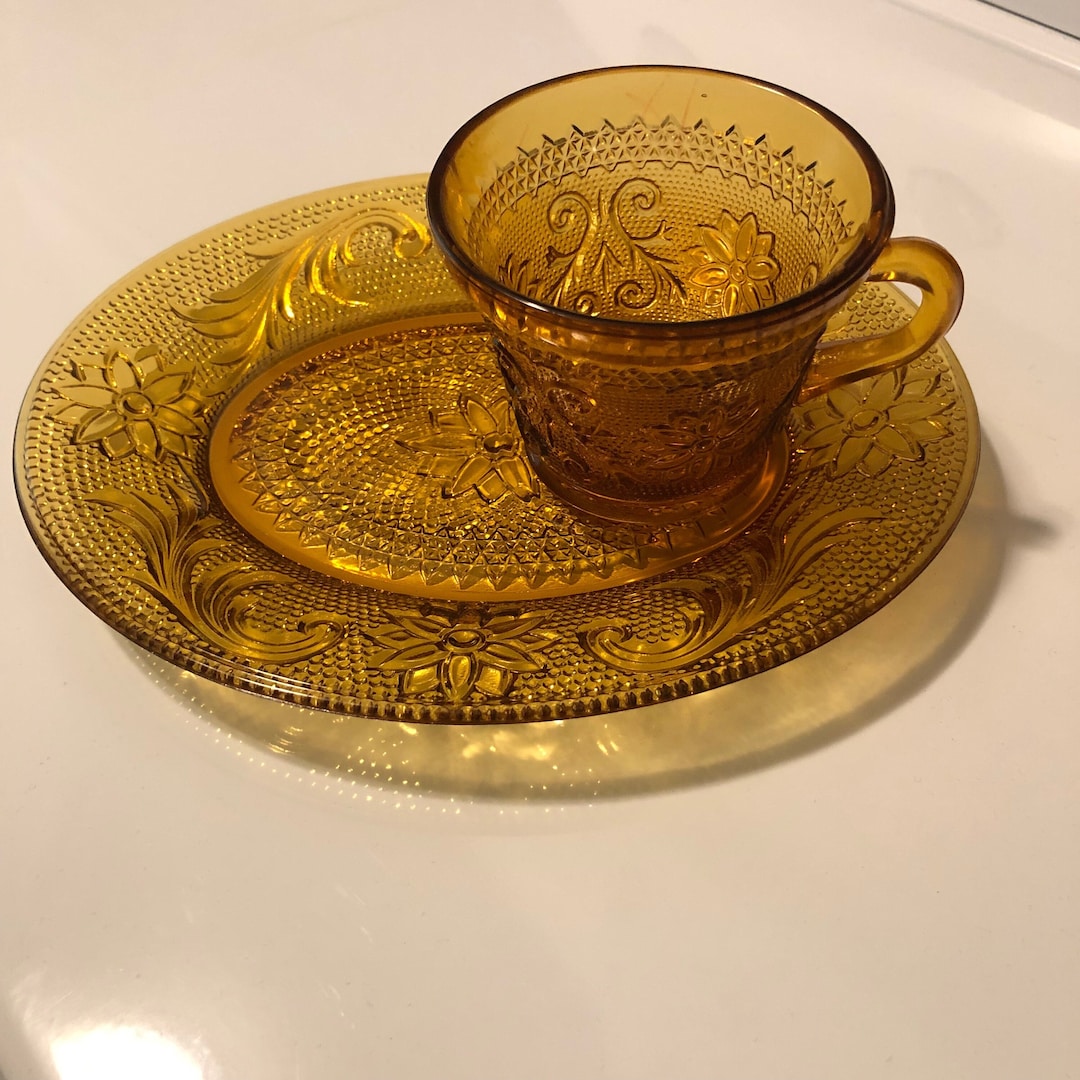 Tiara Indiana Glass Amber Cup & Snack Plate Set - Etsy