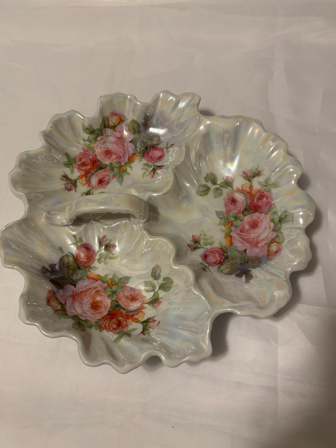 Antique Porcelain Opalescent Floral Rose Divided Dish - Etsy