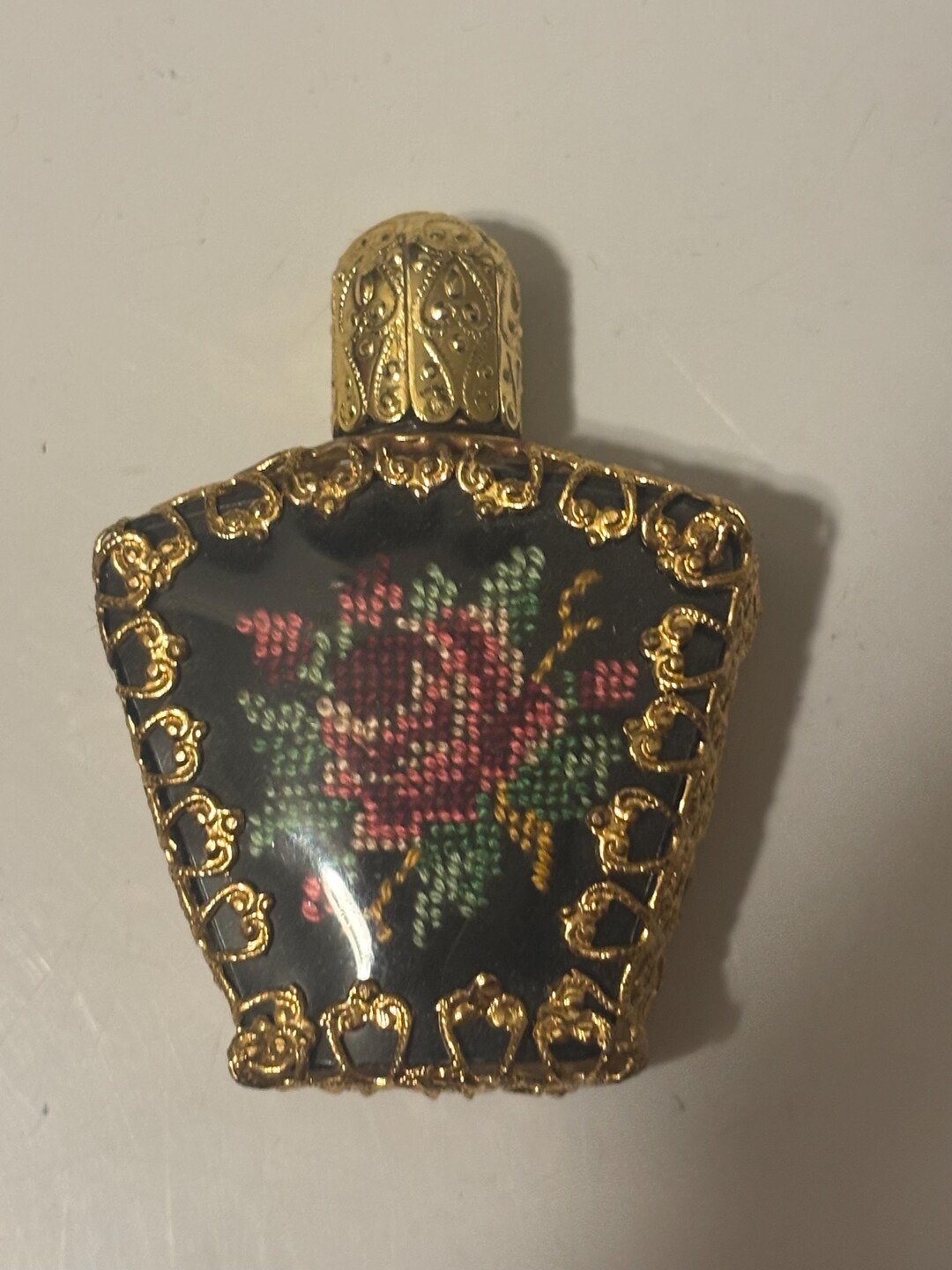 Antique Austrian Petit Point Rose Miniature Perfume Bottle With Gold ...