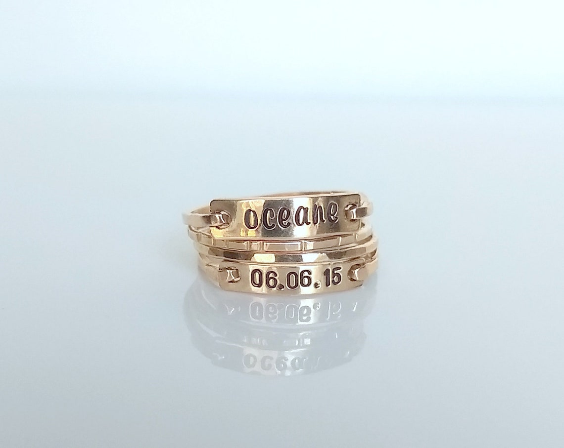 Name and Date Ring Set Personalized Gold Stackable Rings - Etsy