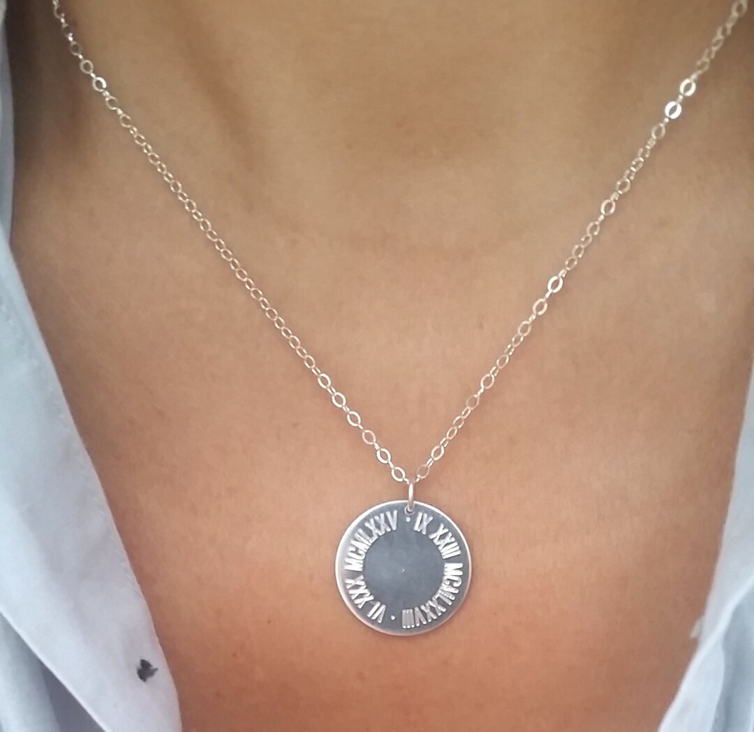 Engraved Roman Numeral Date Disc Necklace: Sterling Silver, Gold, Rose ...