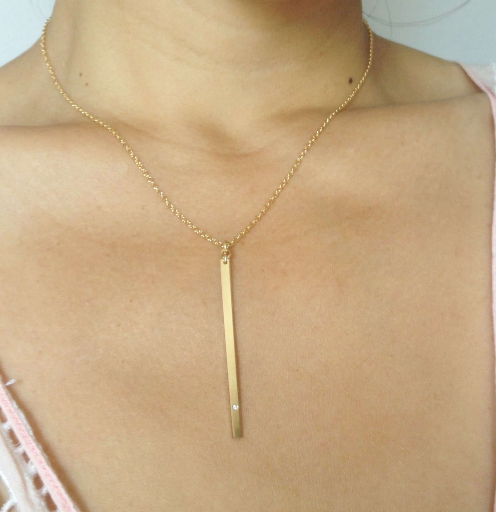 Vertical Diamond Bar Necklace Gold Bar With Diamond Skinny | Etsy