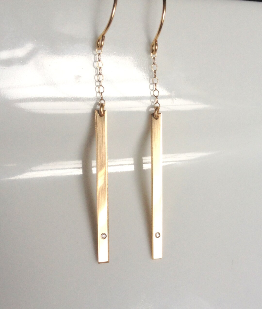 Diamond Bar Earrings Gold Bar Earrings Linear Bar Earrings Diamond Gold ...